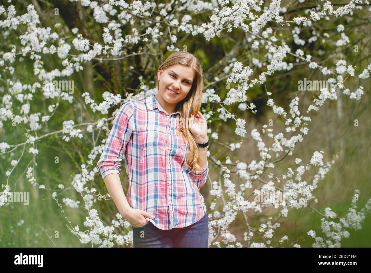 Beautiful girl in flowering trees in early spring. Bright sun and ...