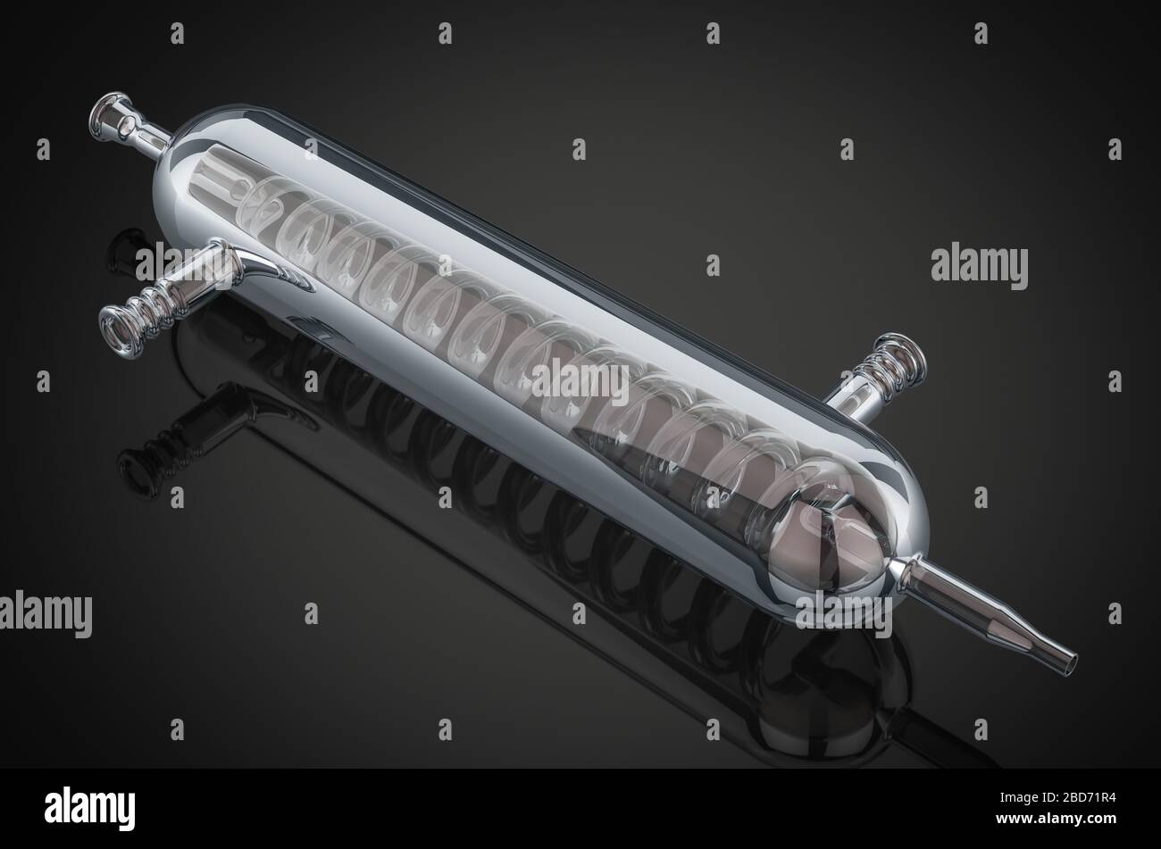 Grahams condenser, glass coil distiller. 3D rendering isolated on black ...