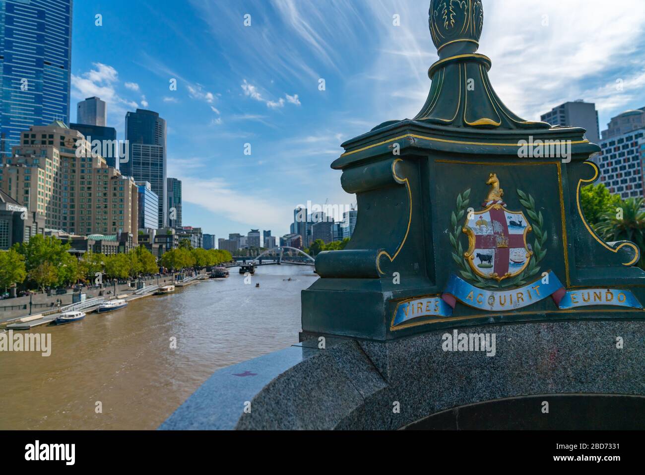 Melbourne, Australia - March 9 2020; Princes Bridge with focus on city ...