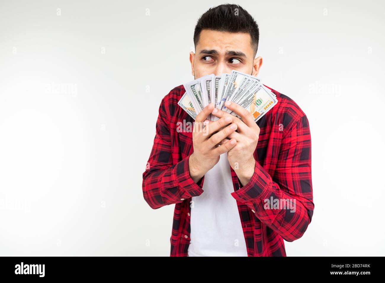 man received a cash prize on a white background with copy space Stock ...