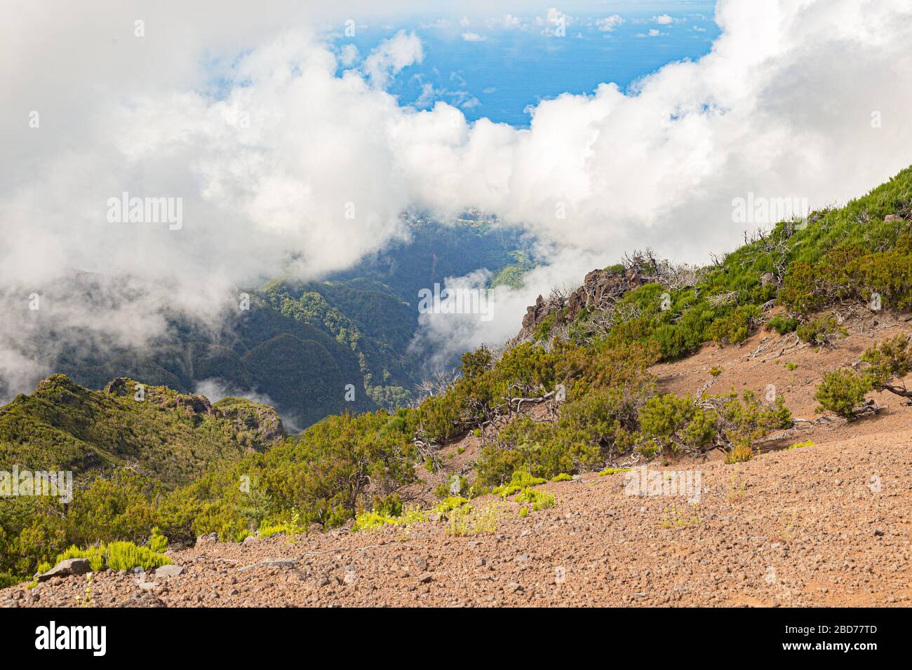 Landscape with a tourist trail in the mountains of Madeira, Portugal on ...