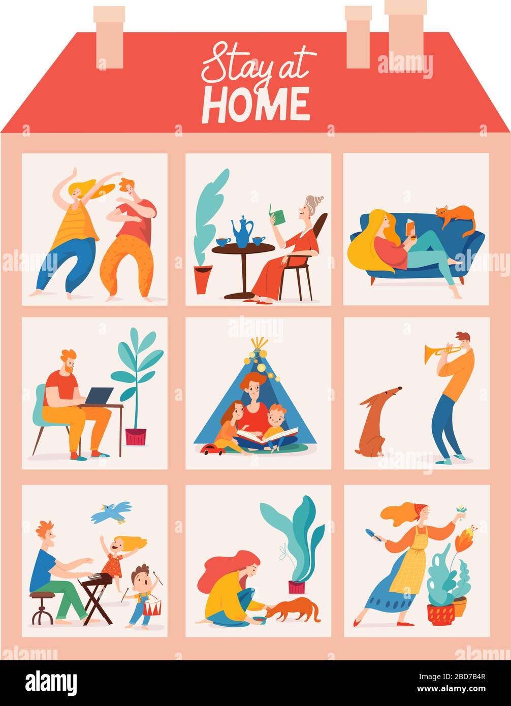 Stay at home vector quarantine illustration with family spend time ...