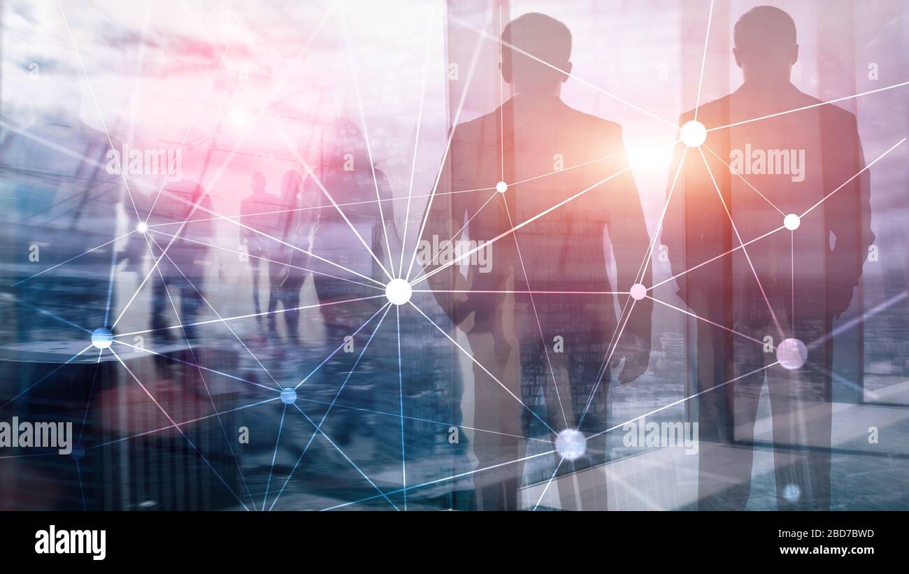 Blockchain network on blurred skyscrapers background. Financial ...