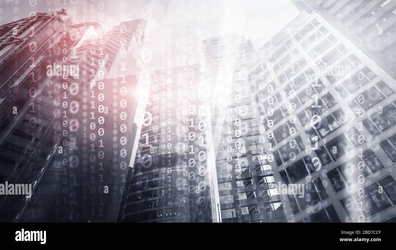 Corporate Business Concept. Binary Code on Moderns City Bulidings Stock ...