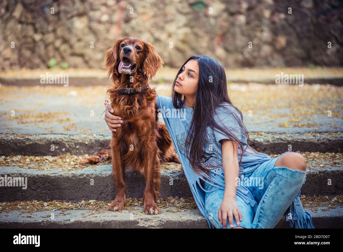 Pretty young brunette embracing with adorable dog while sitting on ...