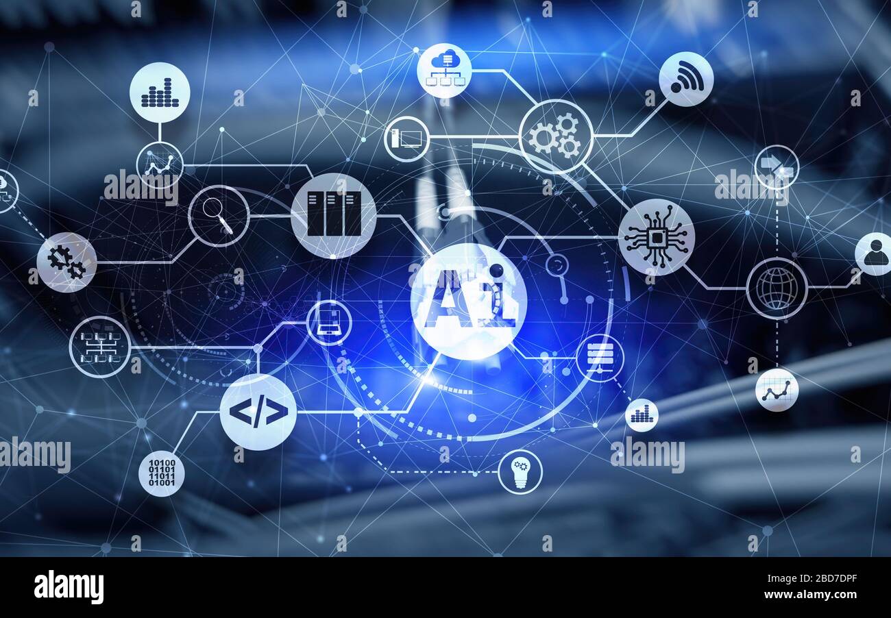 Blue Artificial Intelligence. AI. Infographic illustration on fantastic ...