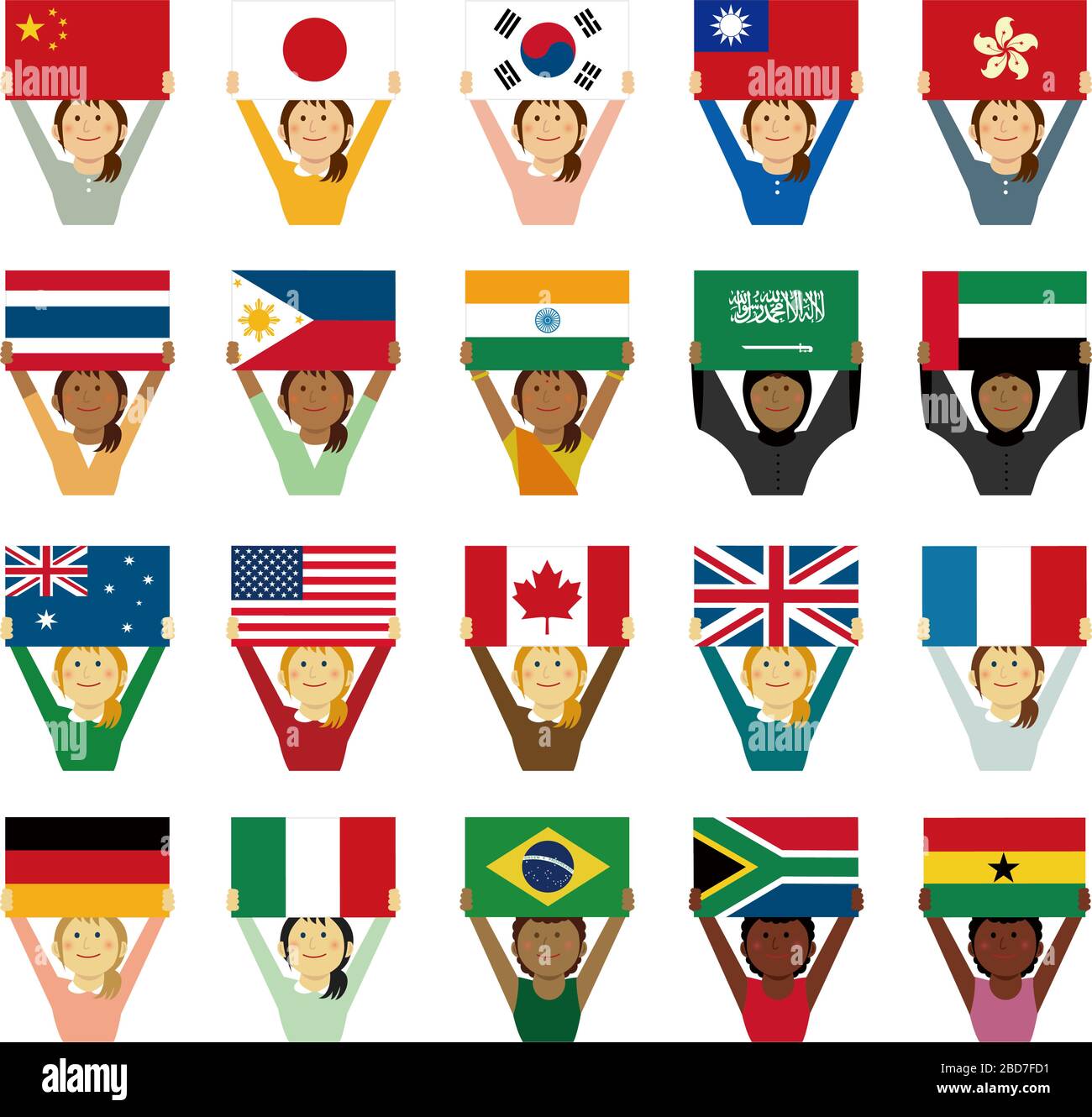 Cartoon business person of various races with national flags. Flat ...