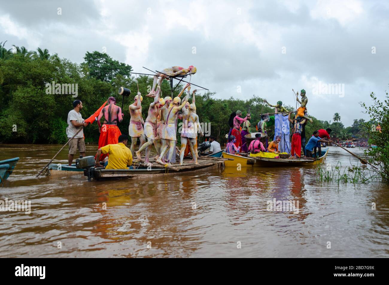 Men dressed up as mythological characters, acting out scenes from ...