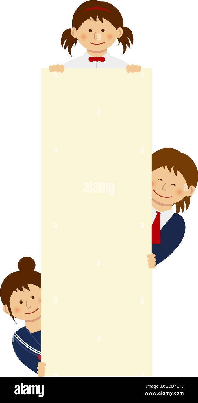 Female students holding vertical blank banner with smiling. flat vector ...