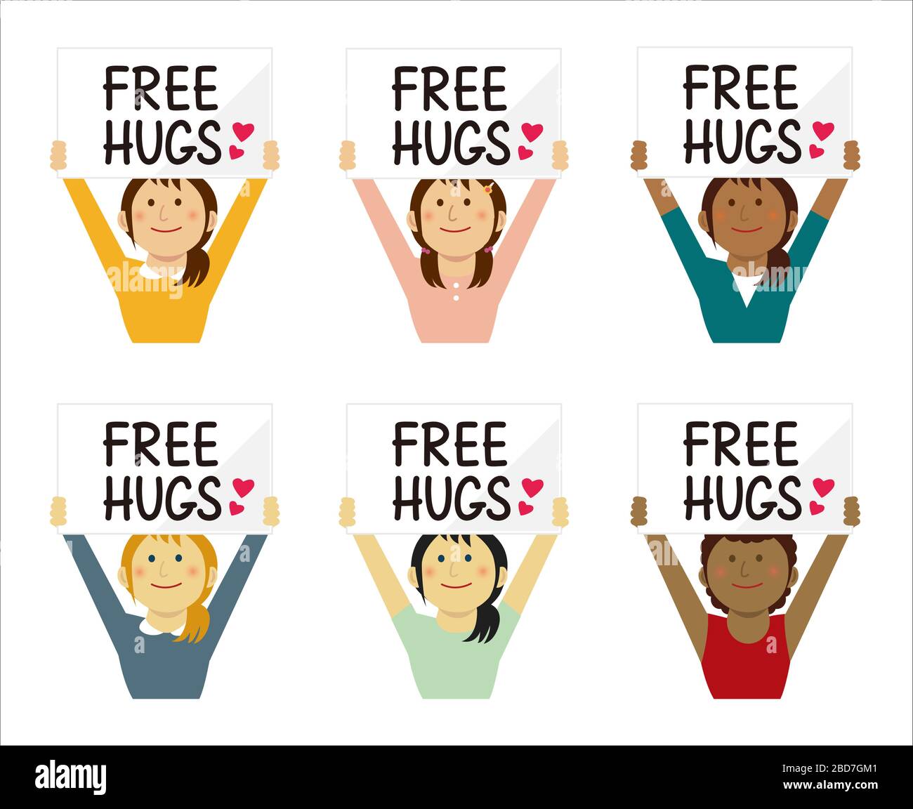 Cartoon young woman holding a free hugs placard. Flat vector ...