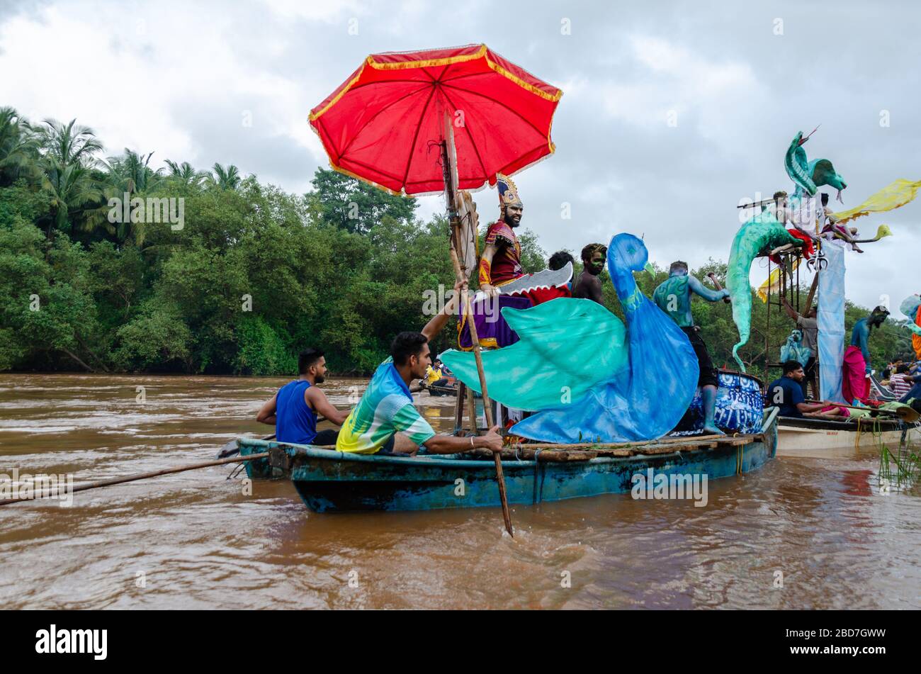 Men dressed up as mythological characters, acting out scenes from ...