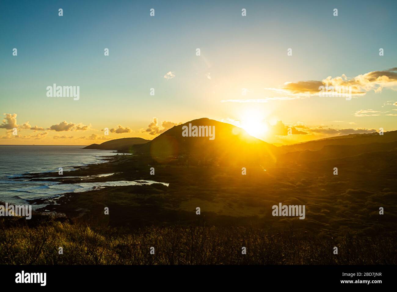 A sunset from high above the Hawaiian island of Oahu with Koko Head ...