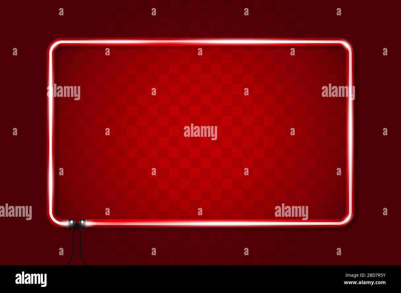 Glowing rounded rectangular neon frame, red background. Realistic ...