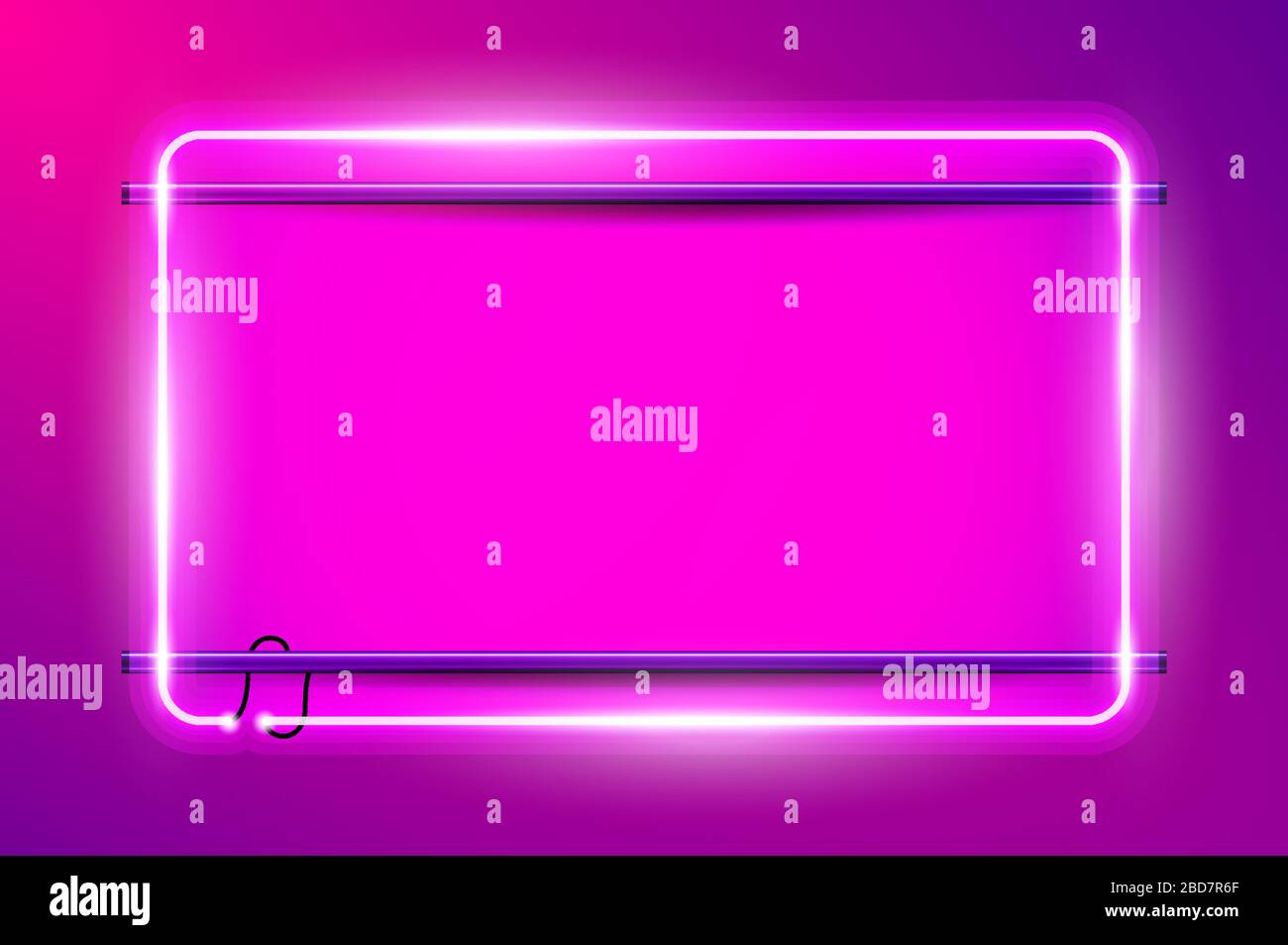 Glowing rounded rectangular neon frame, purple background. Realistic ...