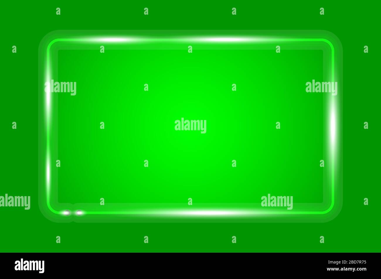 Glowing rounded rectangular neon frame, green background. Realistic ...