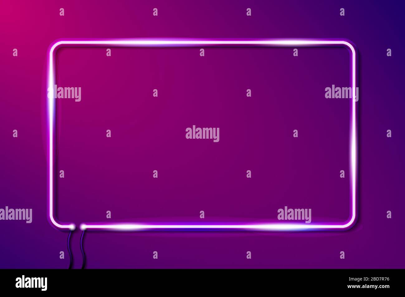 Glowing rounded rectangular neon frame, violet background. Realistic ...