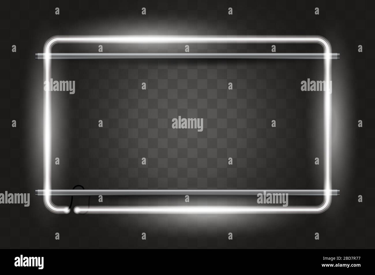 Glowing rounded rectangular neon frame, black background. Realistic ...