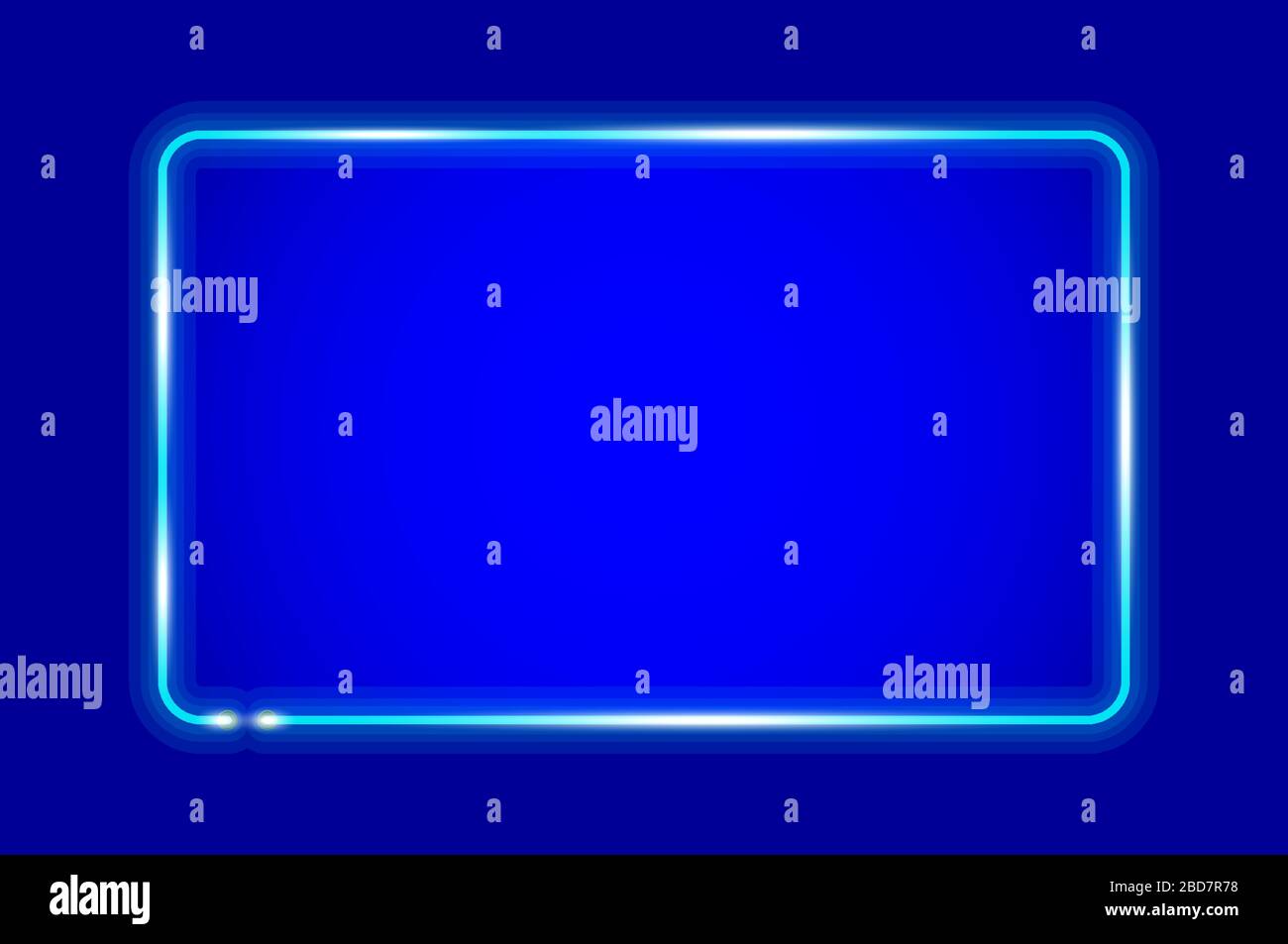 Glowing rounded rectangular neon frame, blue background. Realistic ...
