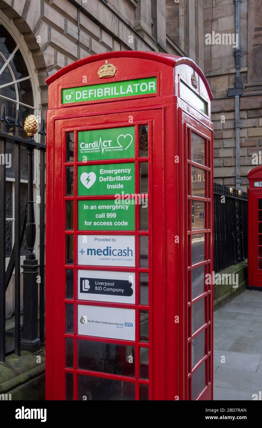A red kiosk converted into a defibrillator on a Liverpool Street Stock ...