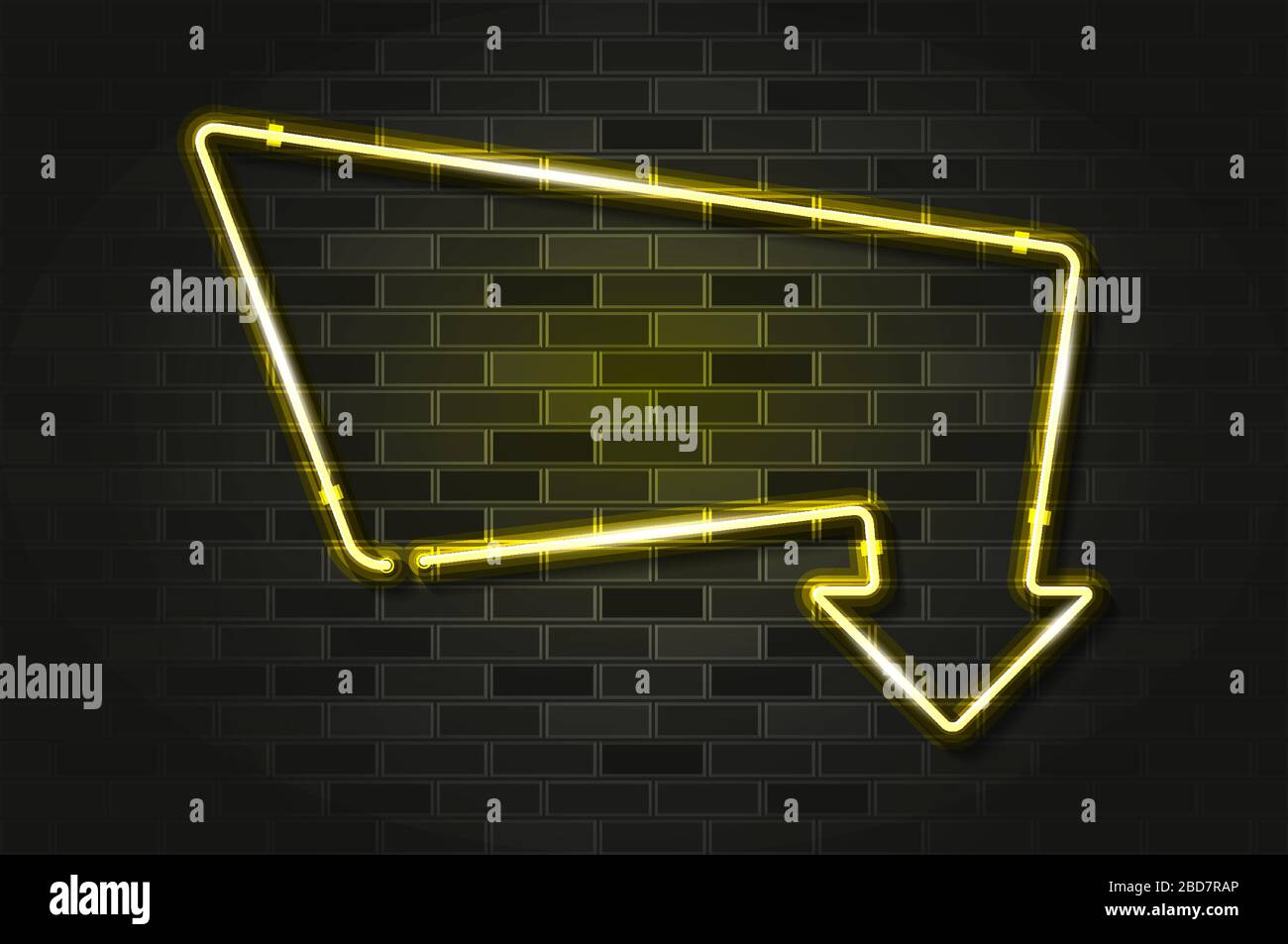 Yellow retro arrow to down, glowing neon frame or LED strip light ...