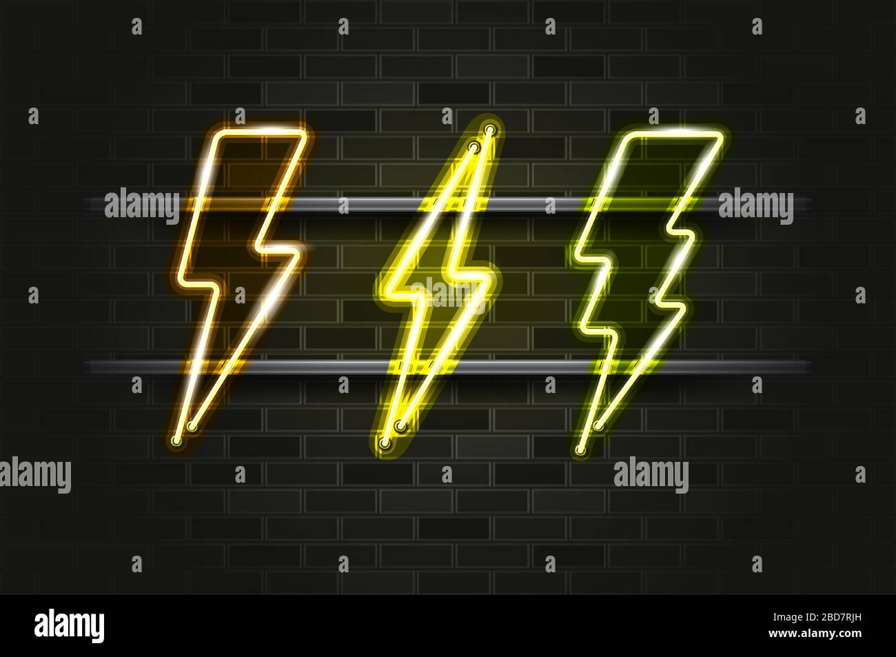 Lighting bolt set glowing neon sign or LED strip light. Realistic ...