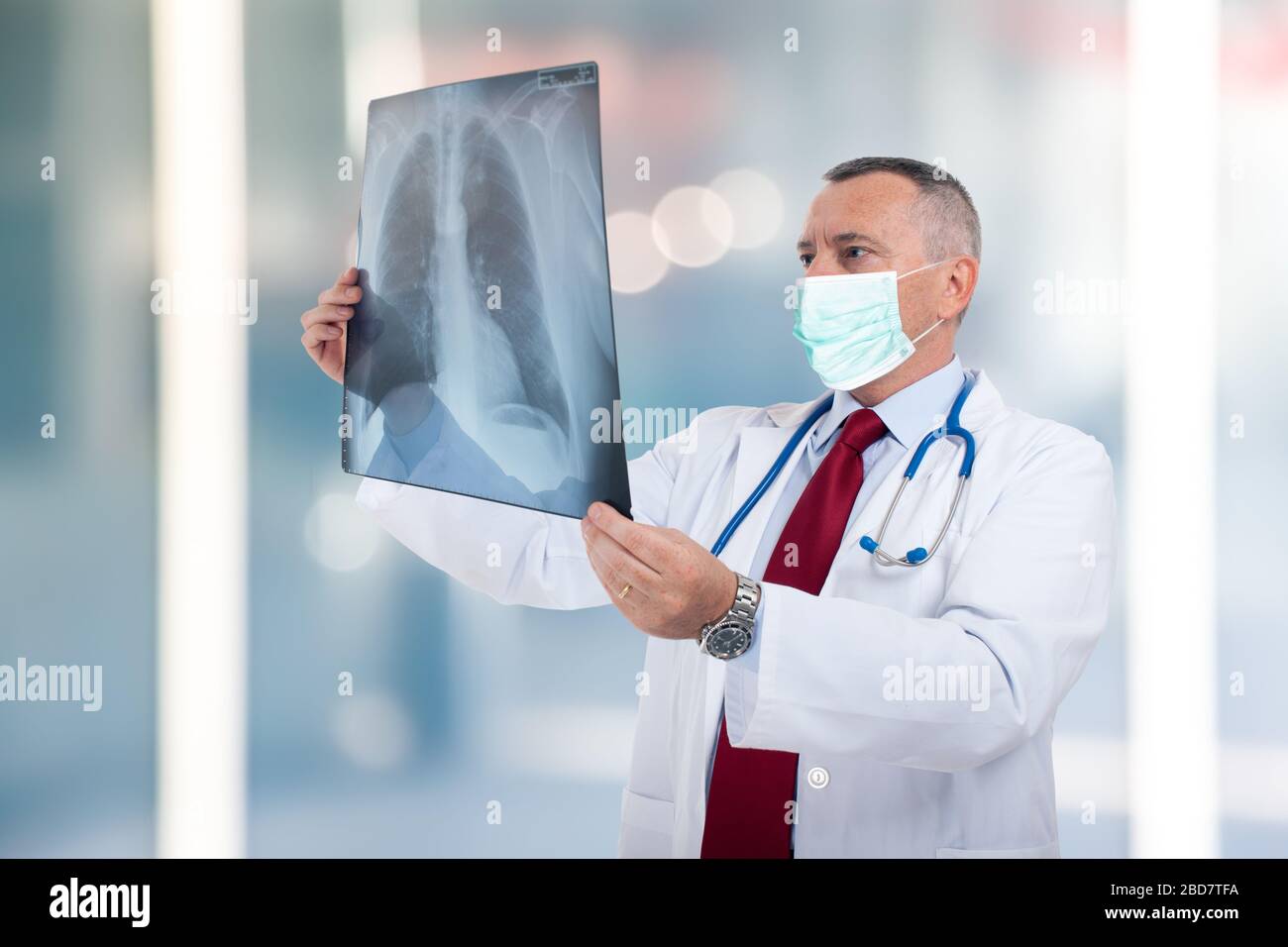 Doctor wearing a mask while holding a lung radiography, coronavirus and ...