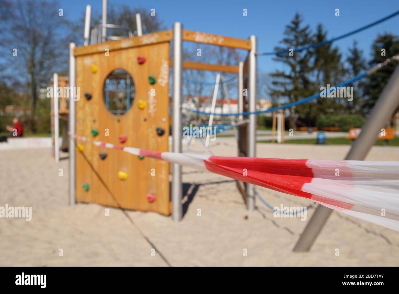 Empty playground without kids, closed to children and parents. Cut off ...