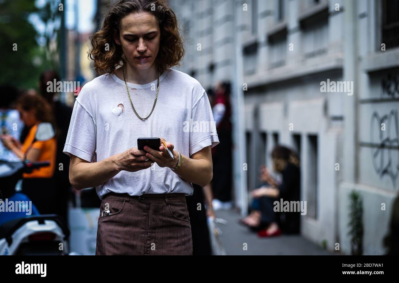 MILAN, Italy- June 15 2019: Model on the street during the Milan ...
