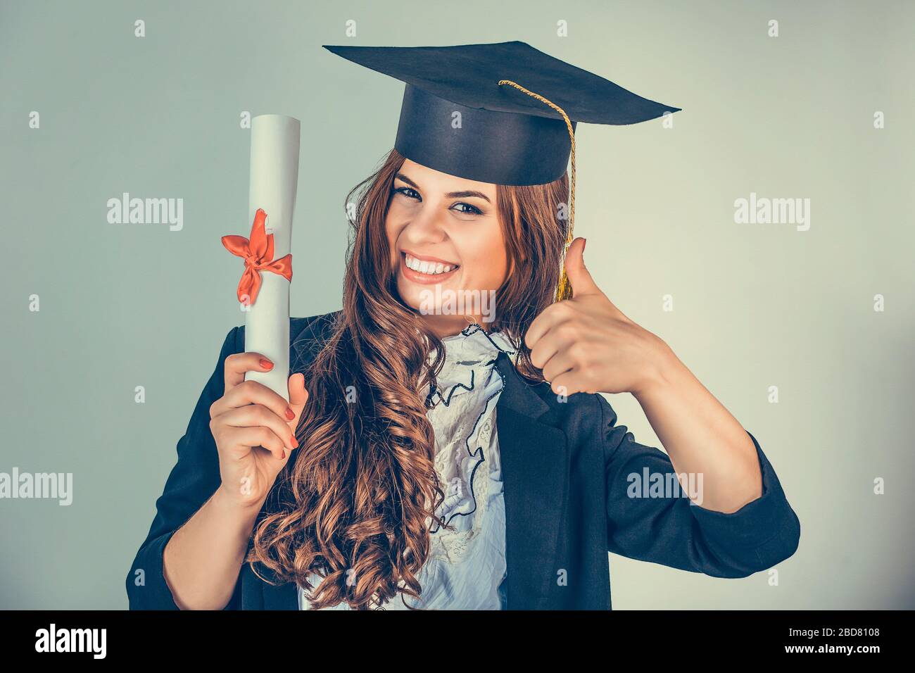 Portrait closeup beautiful smile latina graduate graduated student girl ...