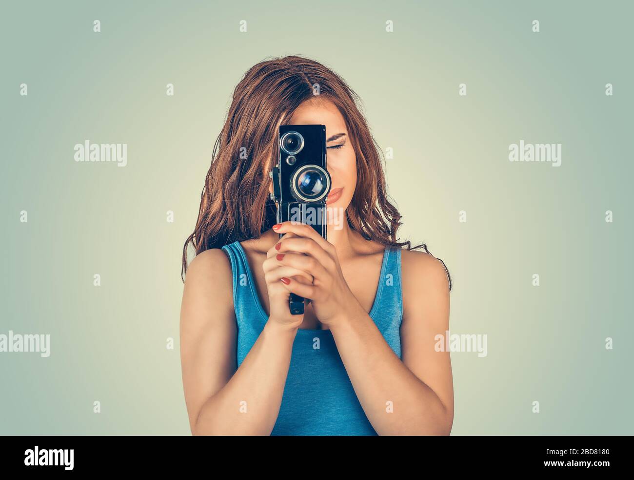 Woman recording. Closeup portrait young person photographer girl ...