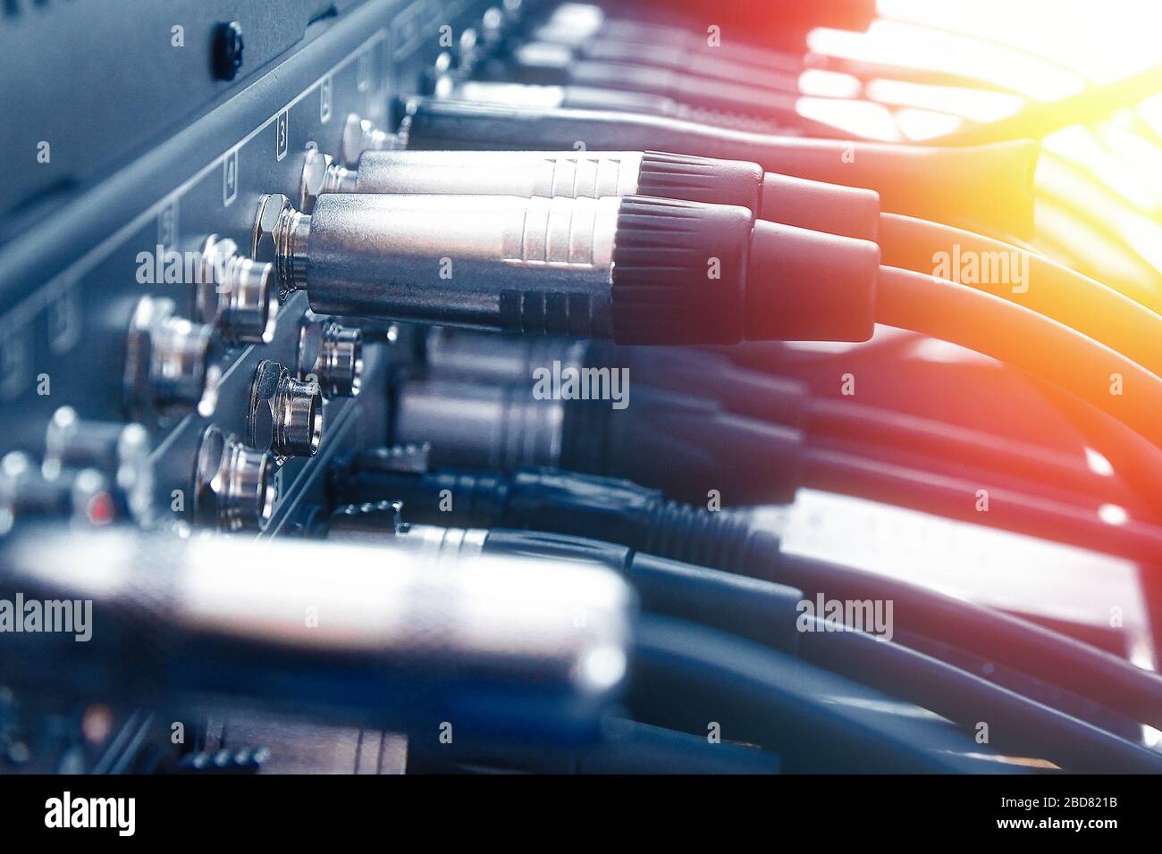 Close up audio jacks cable plugged into mixer console. XLR audio cable ...