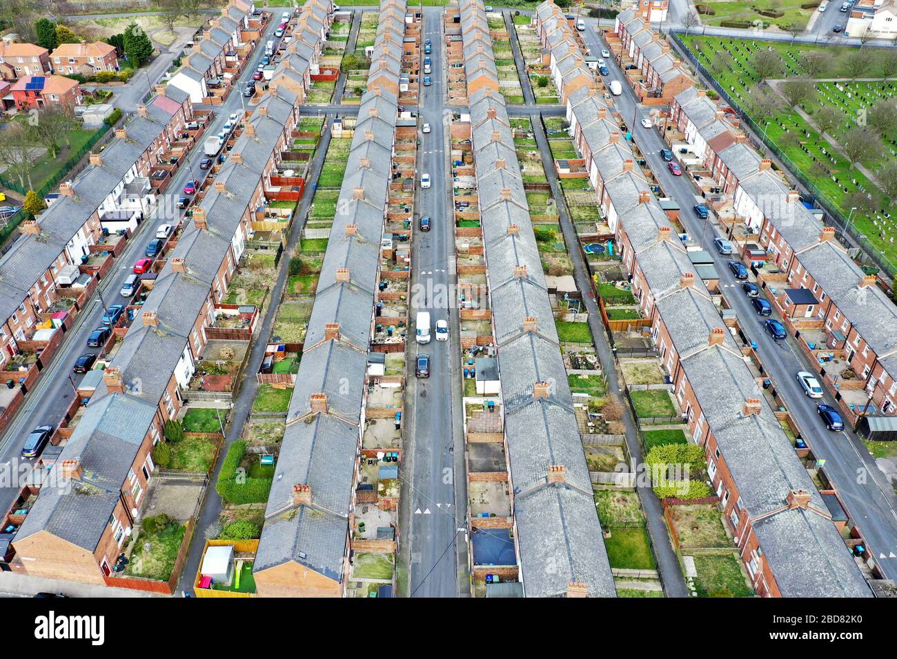Drone view of rows of terraced miners houses Stock Photo - Alamy