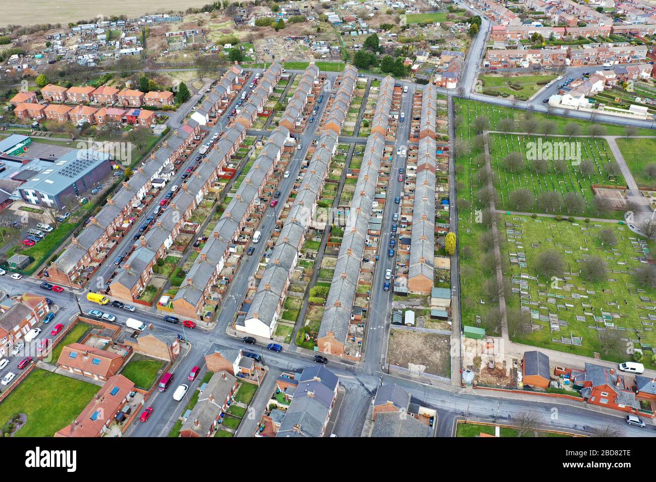 Drone view of rows of terraced miners houses Stock Photo - Alamy