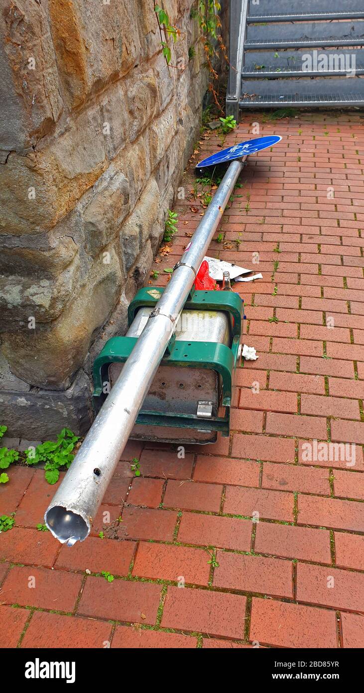 knocked over traffic sign on the way, Germany, North Rhine-Westphalia ...