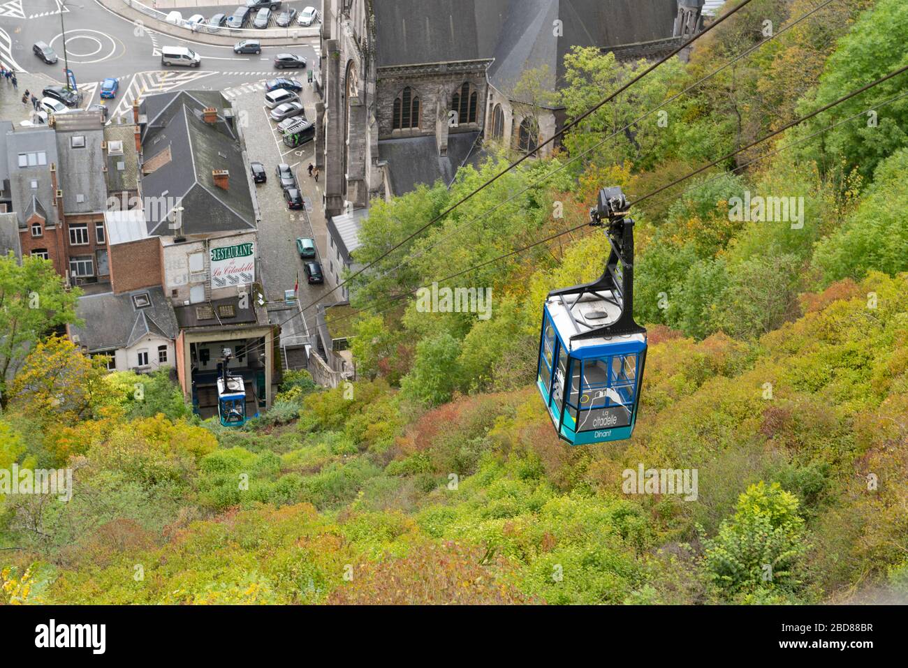 Dinant/Belgium - October 10 2019: Cable car going to the fortress over ...