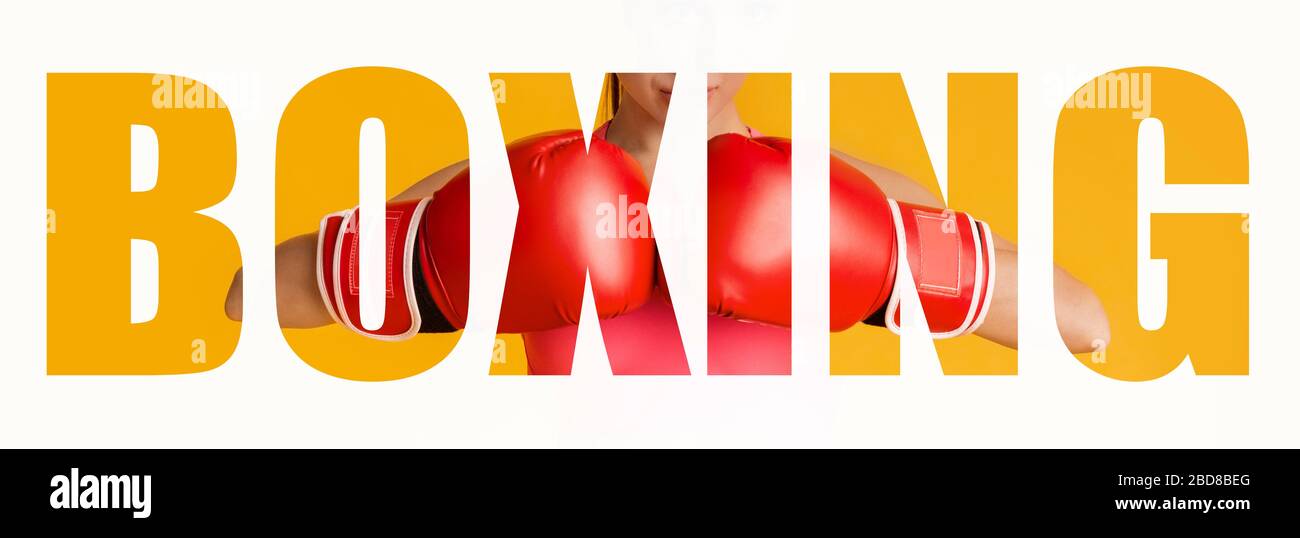 Boxing banner. Collage with unrecognizable woman wearing training ...