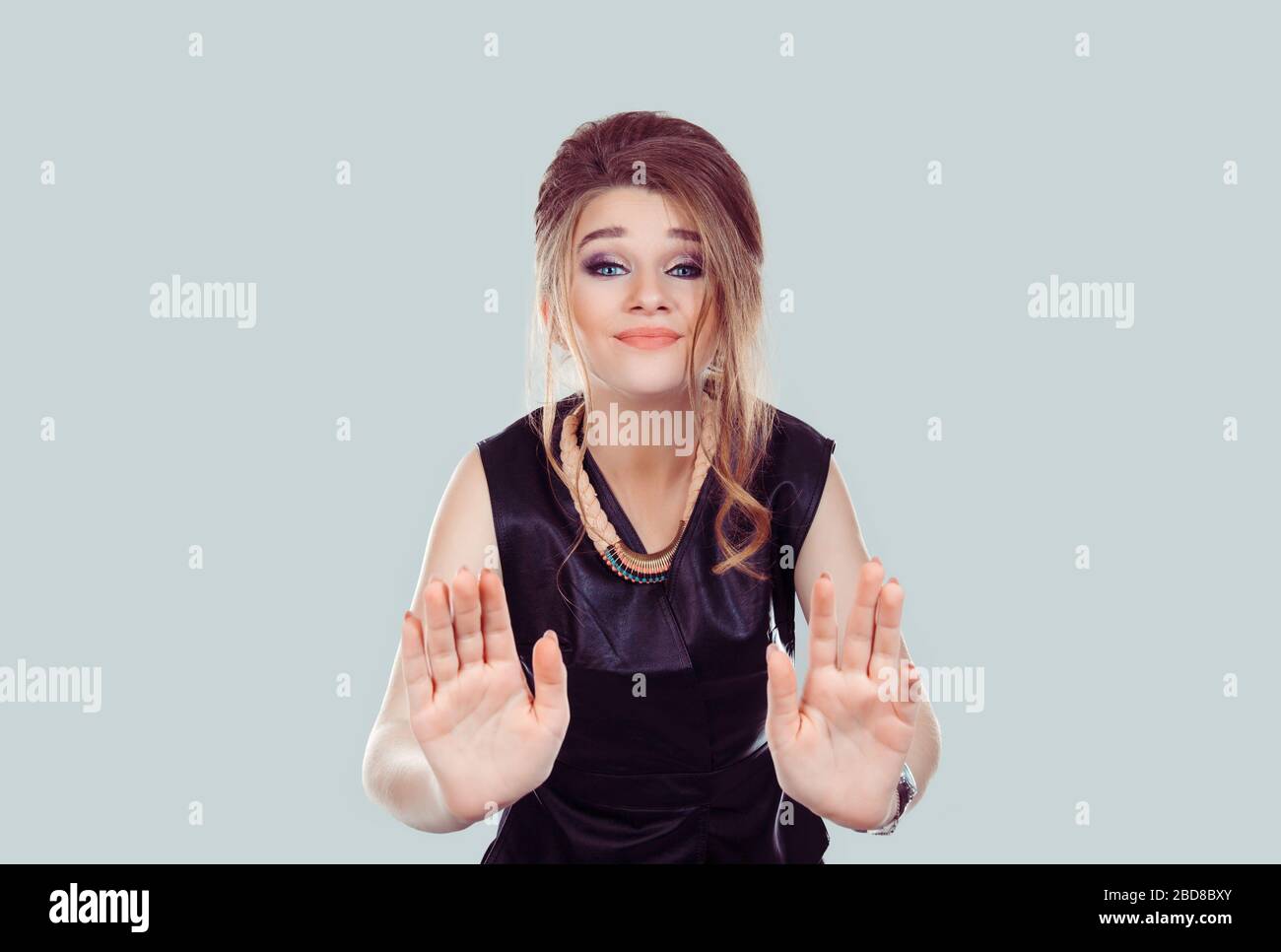 Stop right here. Closeup portrait of angry annoyed woman raising hand ...