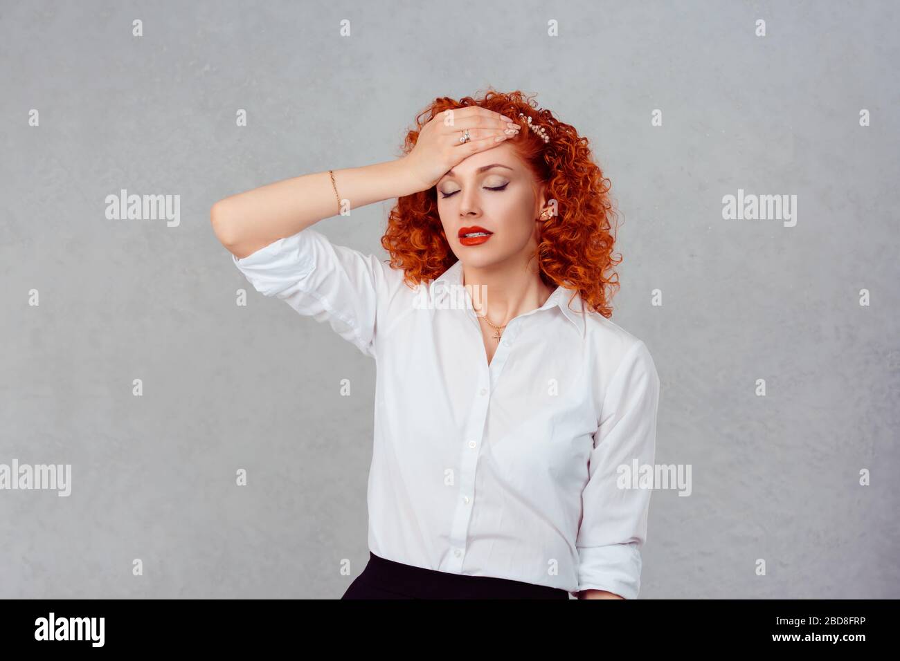 Having fever. Tired redhead curly woman stressed sweating having ...