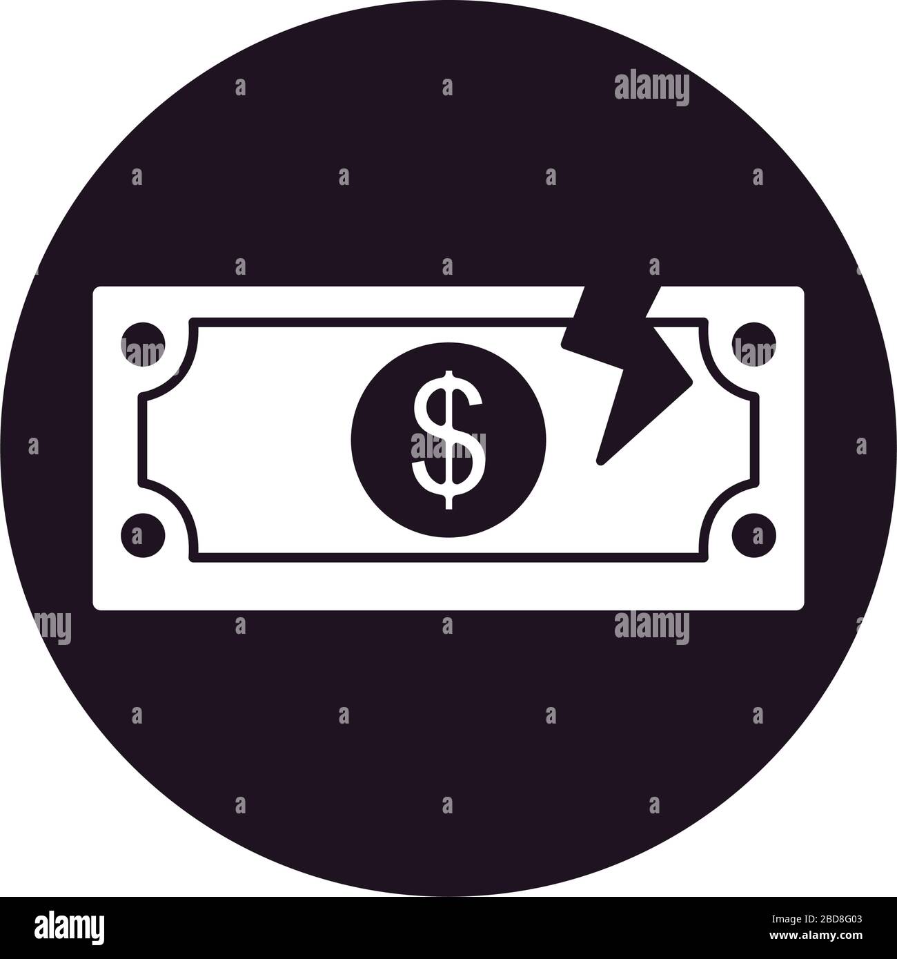 broken money bill icon over white background, silhouette style, vector ...