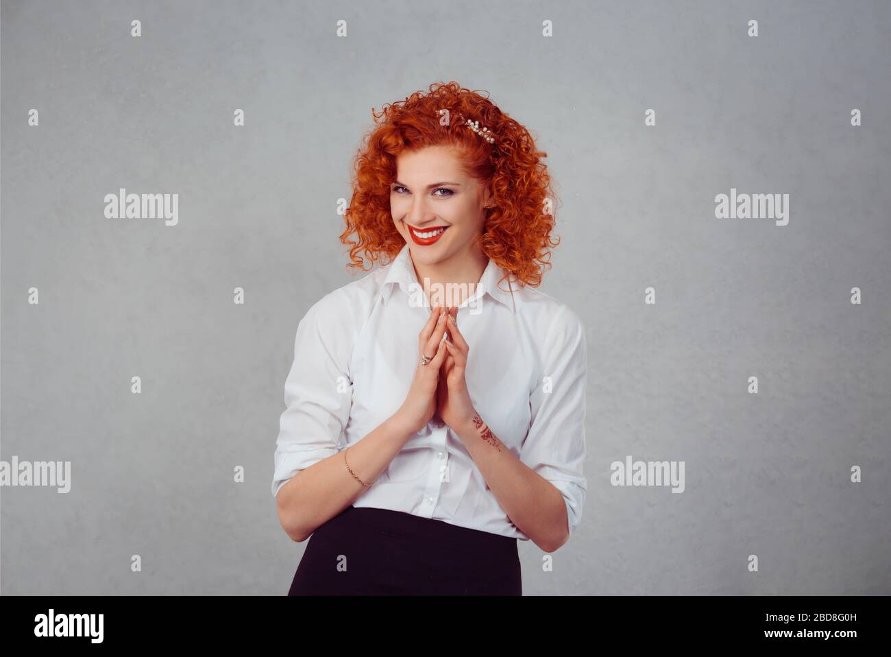 Plot. Closeup portrait of sneaky, sly, scheming young woman plotting ...
