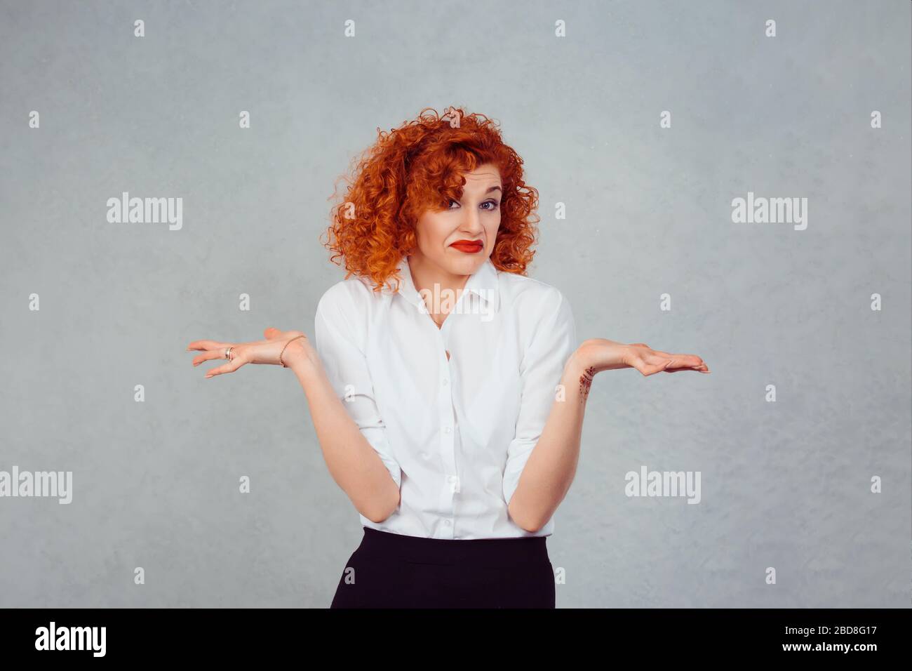 I have no idea. Portrait dumb looking woman arms out shrugs shoulders ...