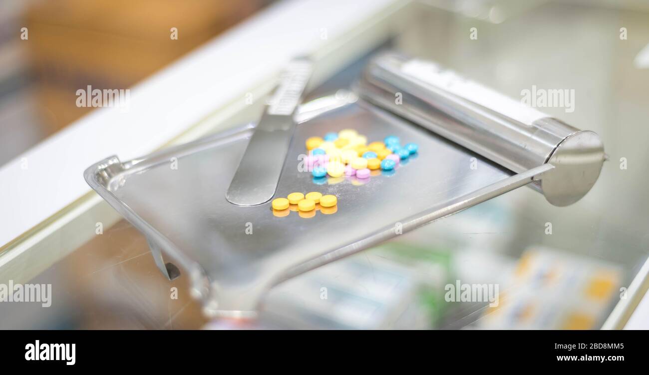 Tray of medicine and medicine pack preparing for patient at drug store ...