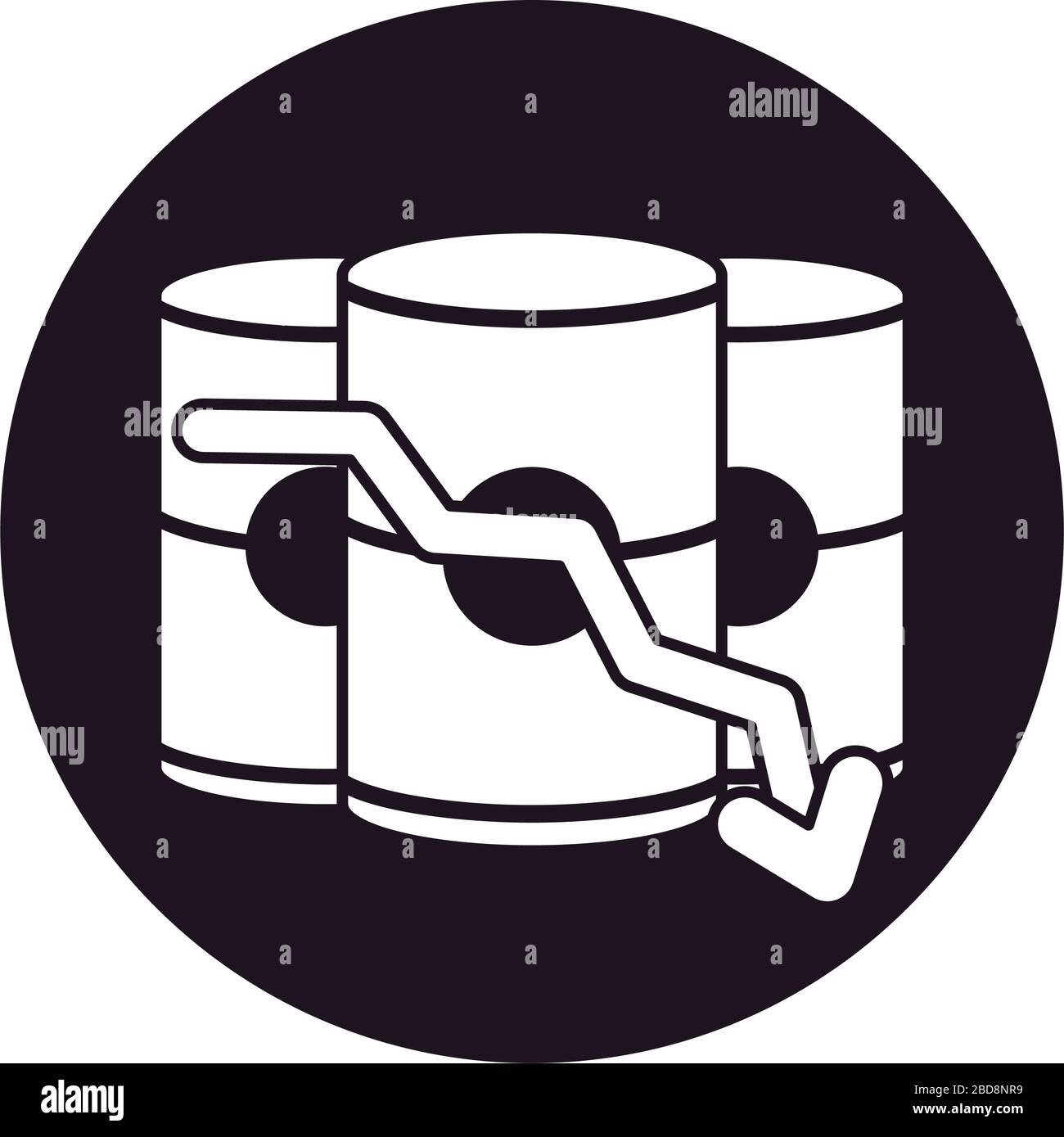 oil barrels and financial descending arrow over white background, silhouette style, vector ...