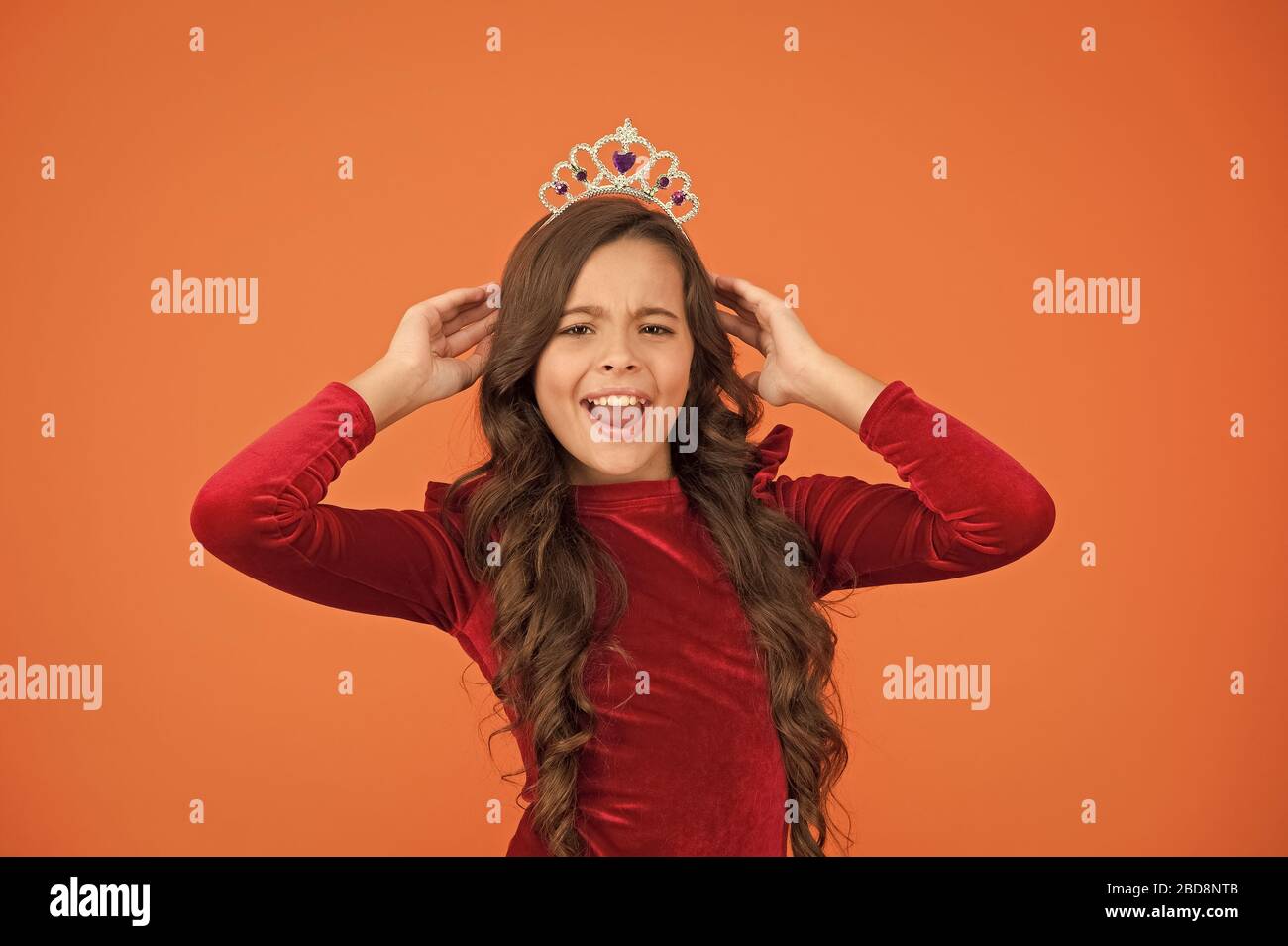 Feeling awesome. Beauty contest model. Kid wear golden crown symbol of ...