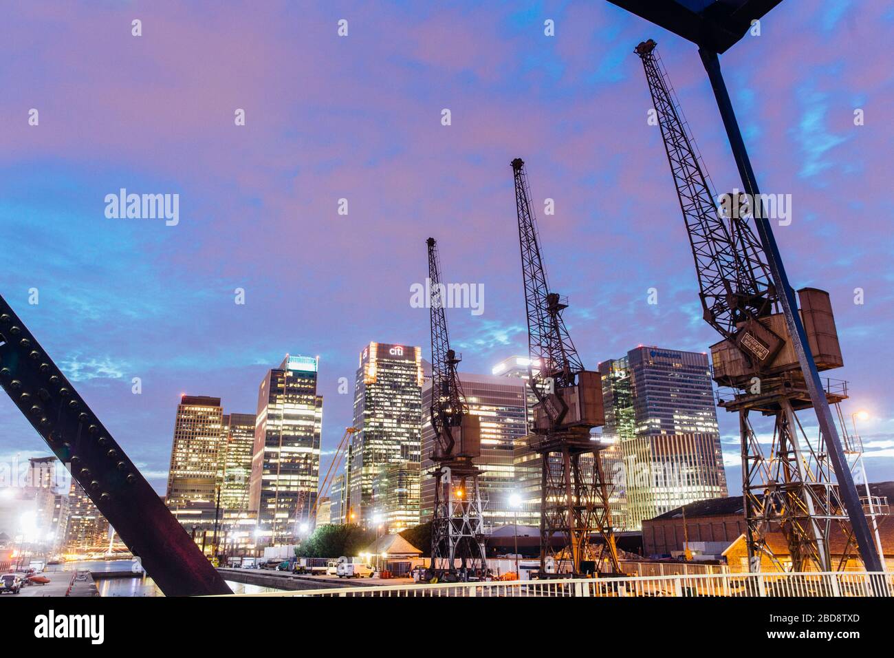 Canary Wharf Dockside Cargo Cranes, West India docks Stock Photo - Alamy