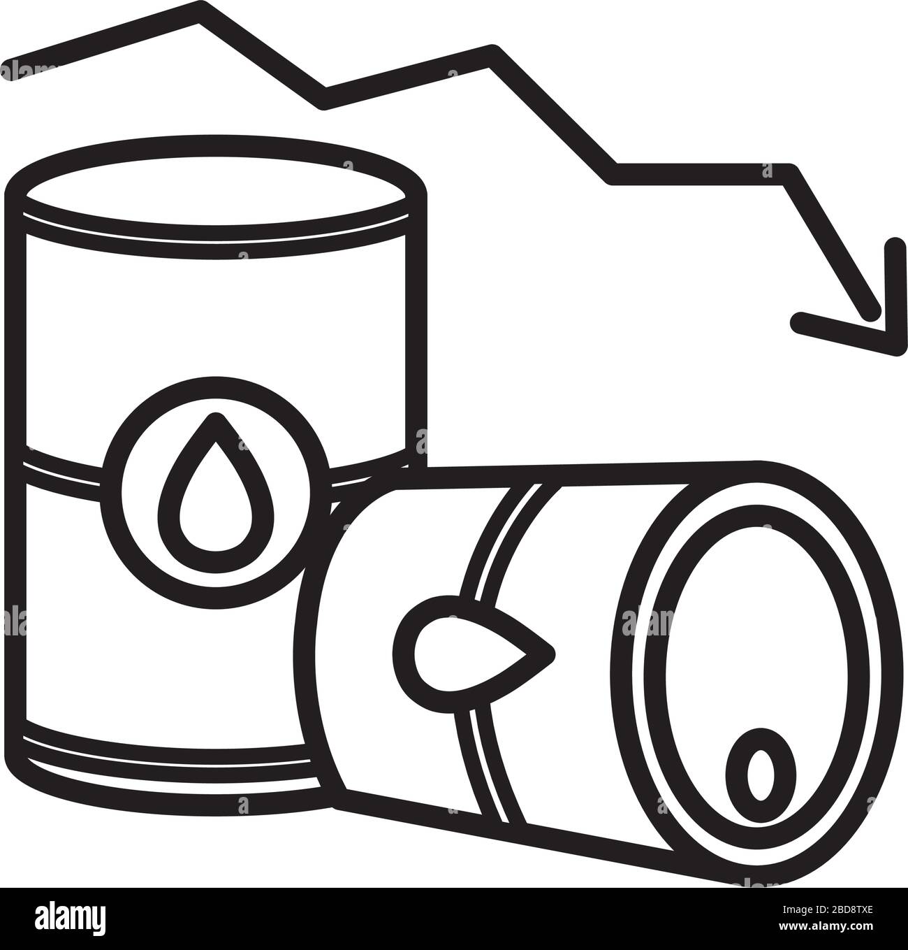 oil crash concept, oil barrels and financial descending arrow over white background, line style ...