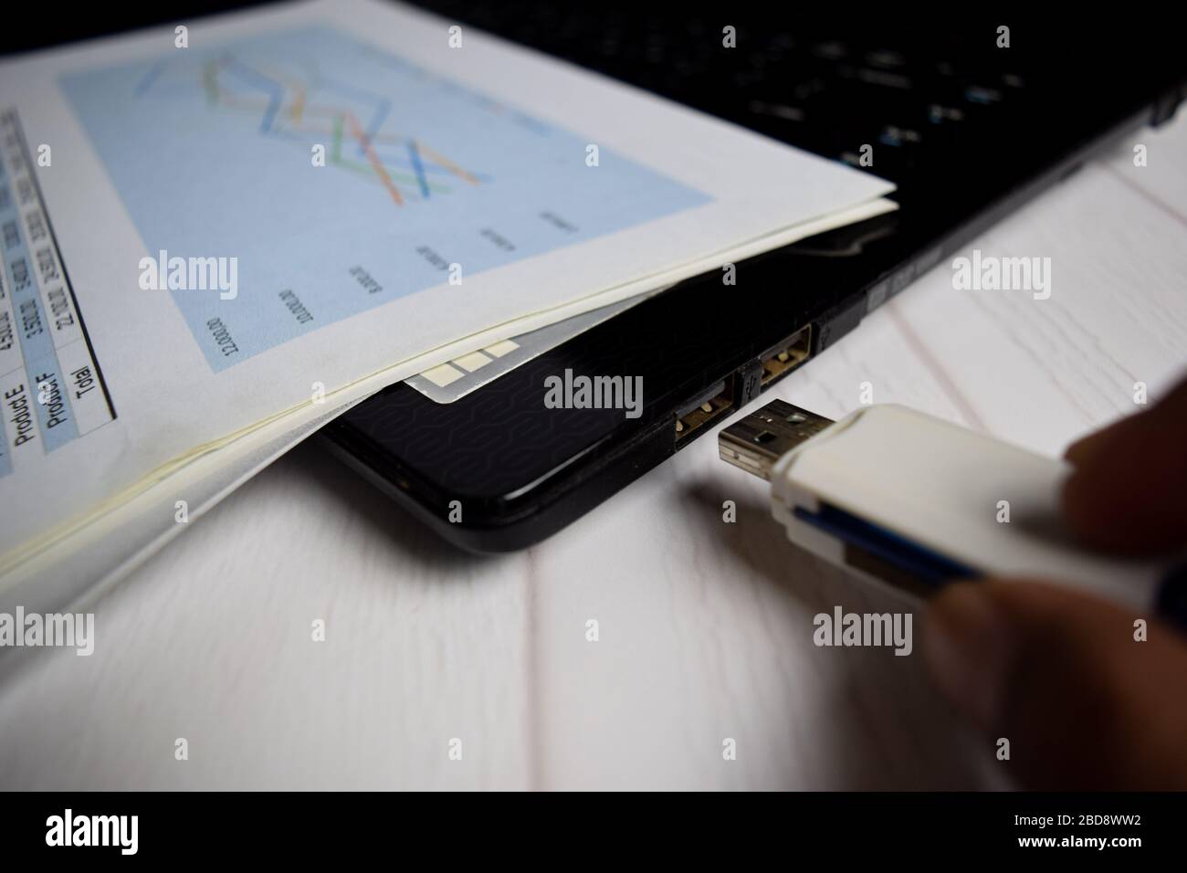 Hand hold Flash drive connect to USB port plug-in laptop for transfer ...