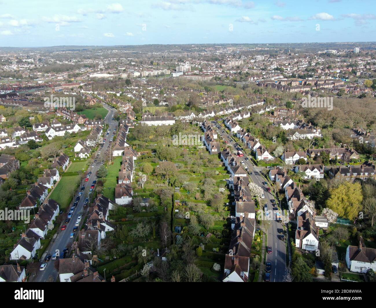 Aerial view of Hampstead Garden Suburb and typical house cottage, an ...
