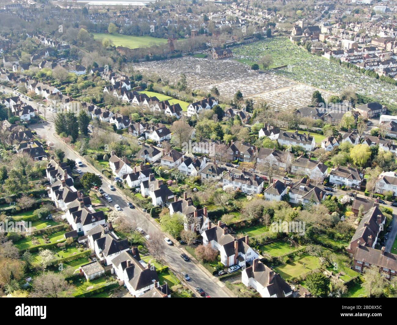 Aerial view of Hampstead Garden Suburb and typical house cottage, an ...