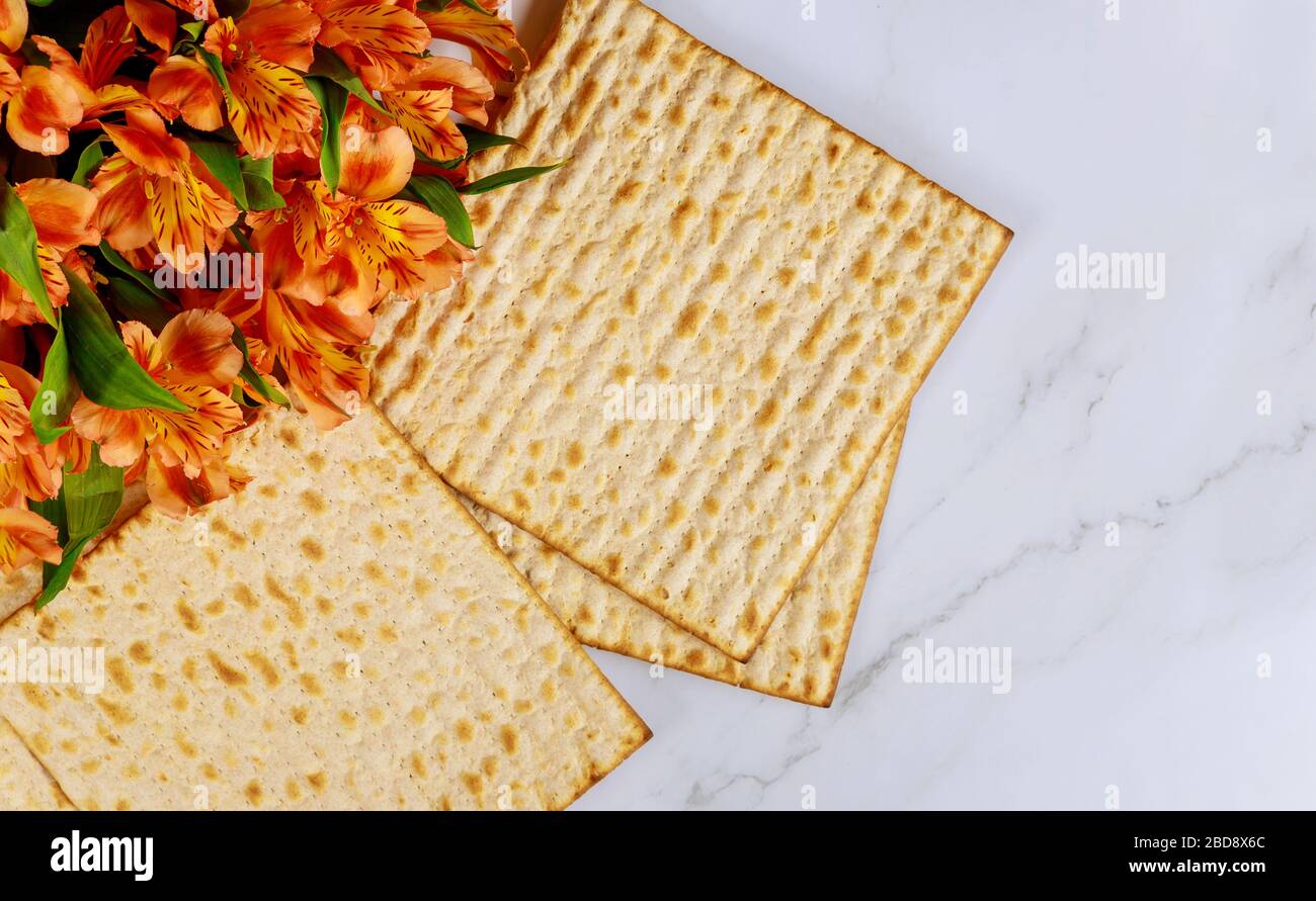 Traditional jewish Passover celebration holiday with matzo unleavened ...
